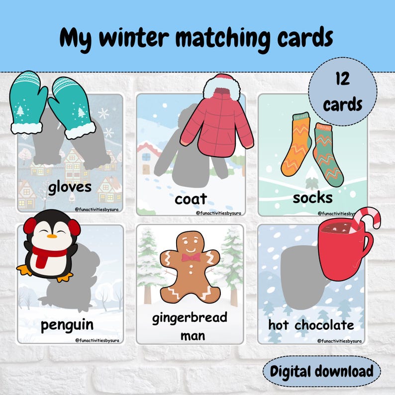 Winter Matching Cards, Shadow Matching Cards, Flashcards, Preschool ...