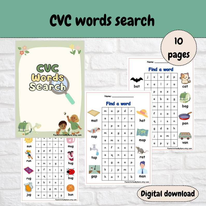 CVC Word Search: Kindergarten Phonics Activity Book (digital Download ...