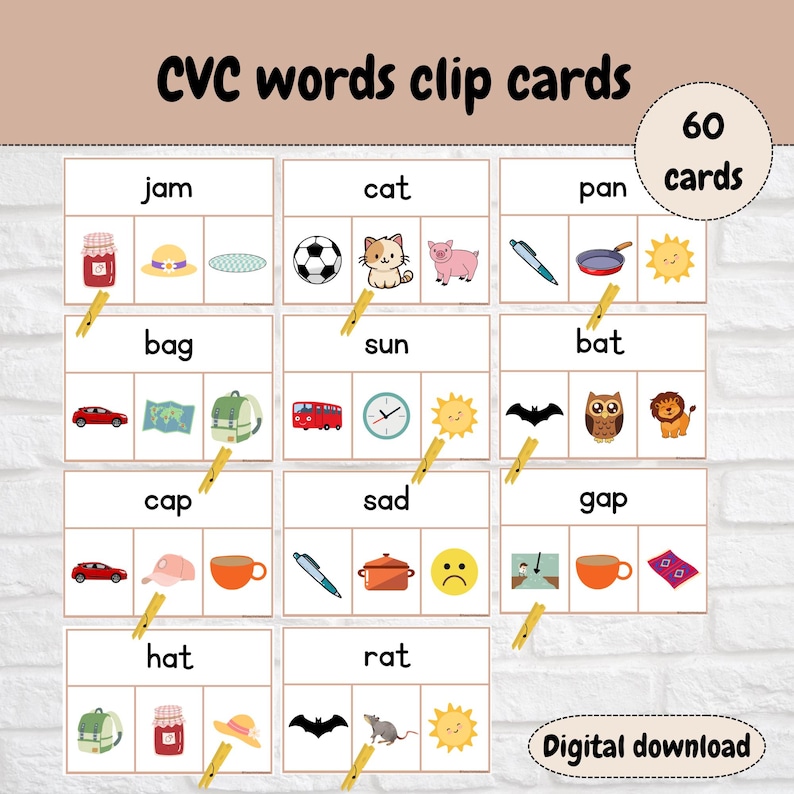 CVC Words Clip Cards: Kindergarten Phonics Game (digital Download), CVC ...