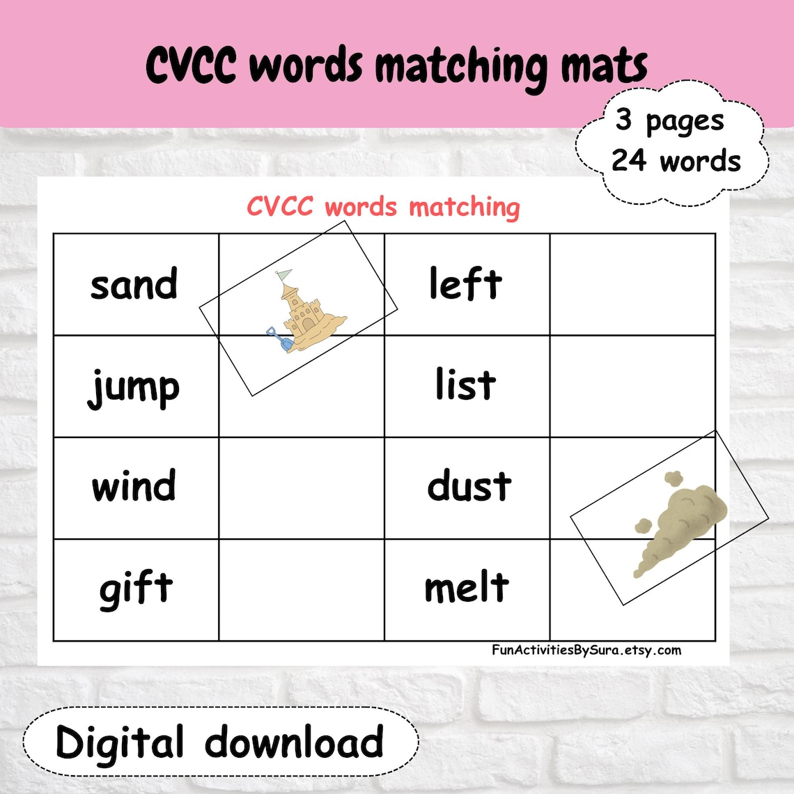 CVCC Words Matching Worksheets, Phonics Game, Educational Printable ...