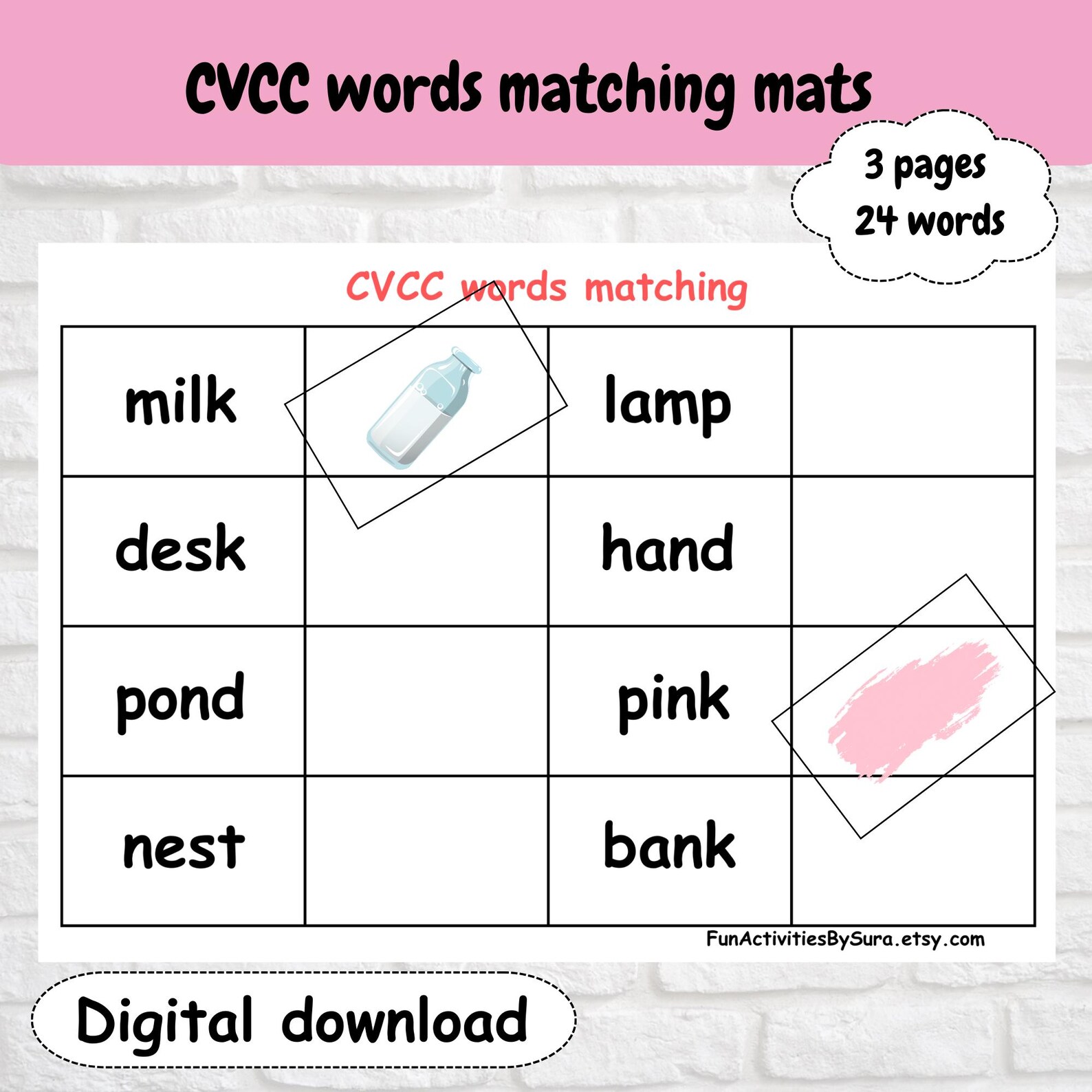 CVCC Words Matching Worksheets, Phonics Game, Educational Printable ...