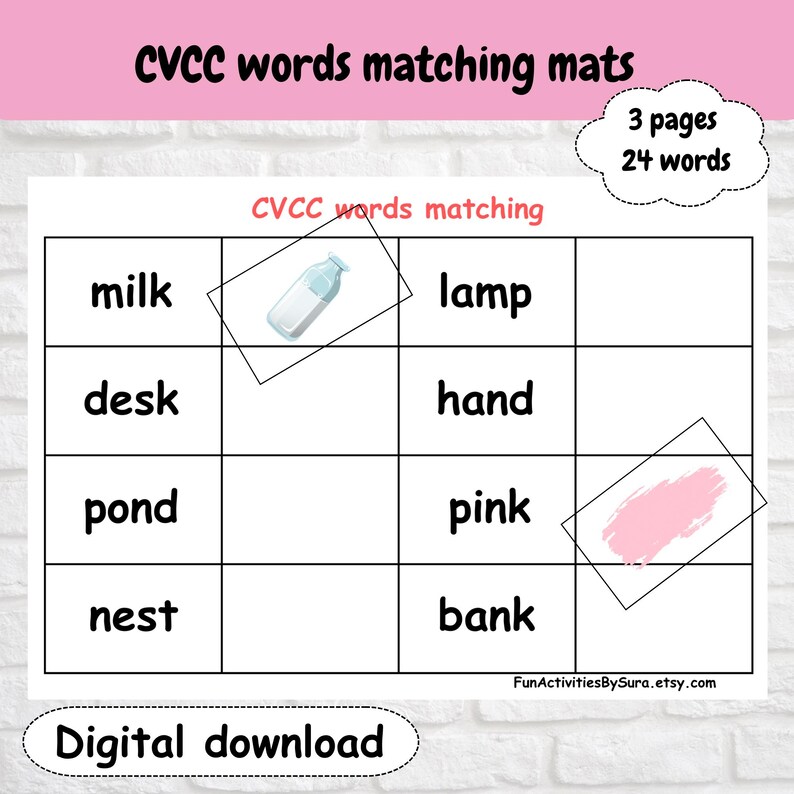 CVCC Words Matching Worksheets, Phonics Game, Educational Printable ...