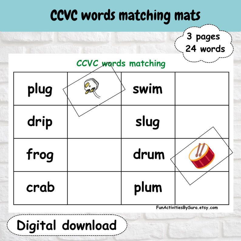 CCVC Words Matching Worksheets, Phonics Game, Educational Printable ...