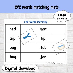 CVC Words Matching Worksheets, Phonics Game, Educational Printable ...