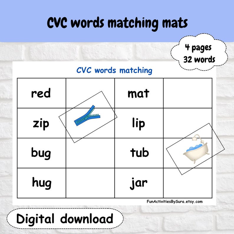 CVC Words Matching Worksheet: Kindergarten Phonics Game (digital ...