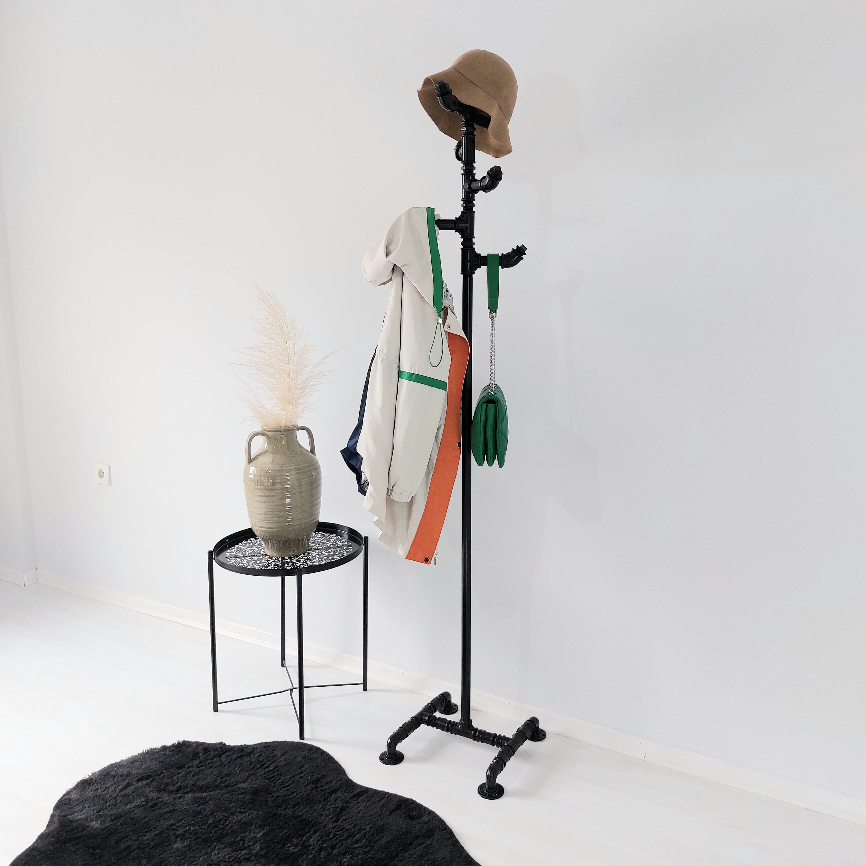 Free Standing Coat Rack, Entryway Foyer Bedroom Office, Black Pipe Coat ...