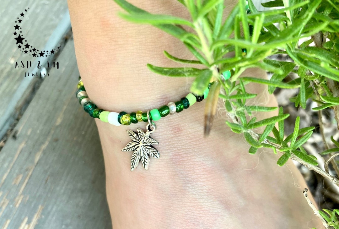 Marijuana Weed Leaf Anklet, Cannabis Leaf Seed Bead Anklet, Pot Leaf ...