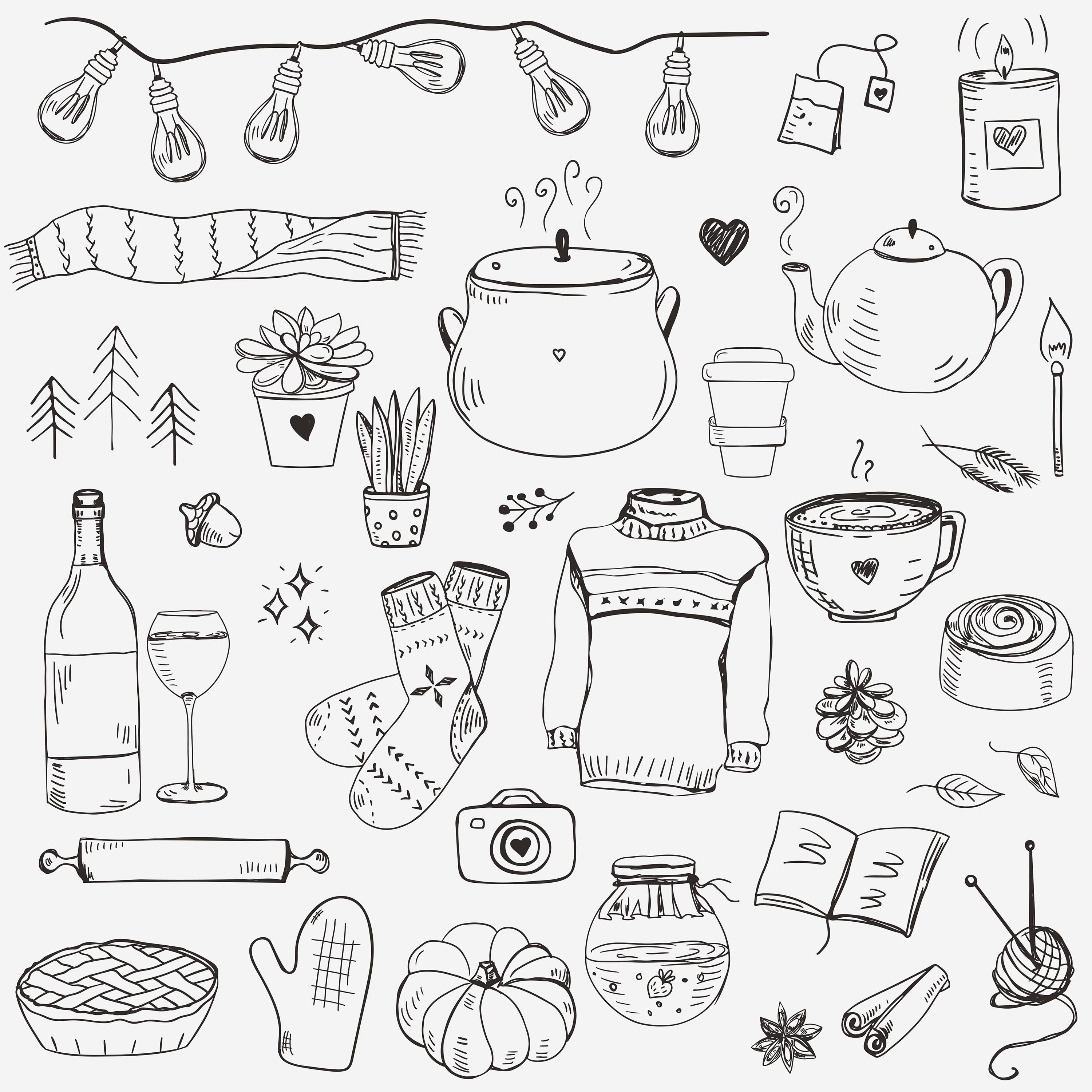 30+ Cozy Fall Clipart Bundle, Hygge Time Hand Drawn Illustrations, Cozy ...