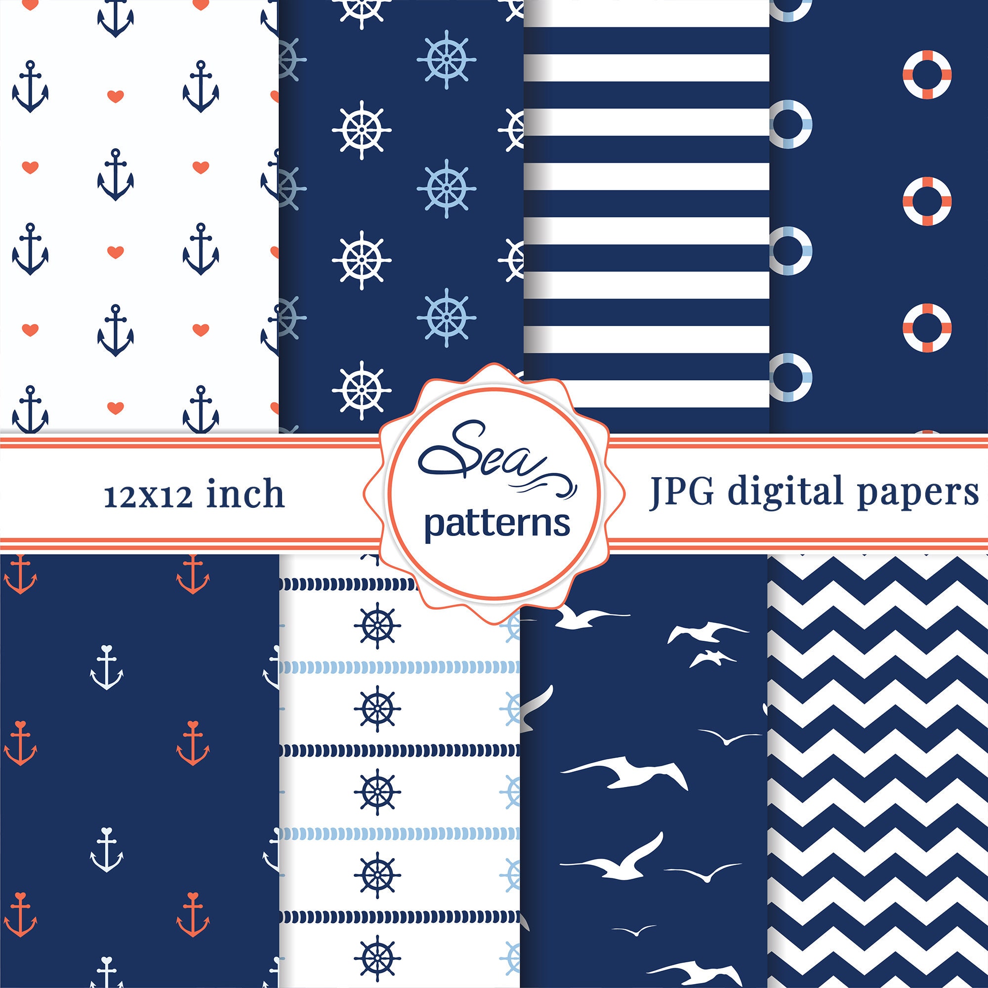 Nautical Digital Paper, Sea Seamless Patterns, Maritime Backdrop, Navy ...