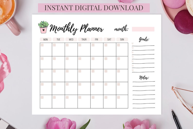 Monthly Planner With Succulent Printable Planner Cute - Etsy