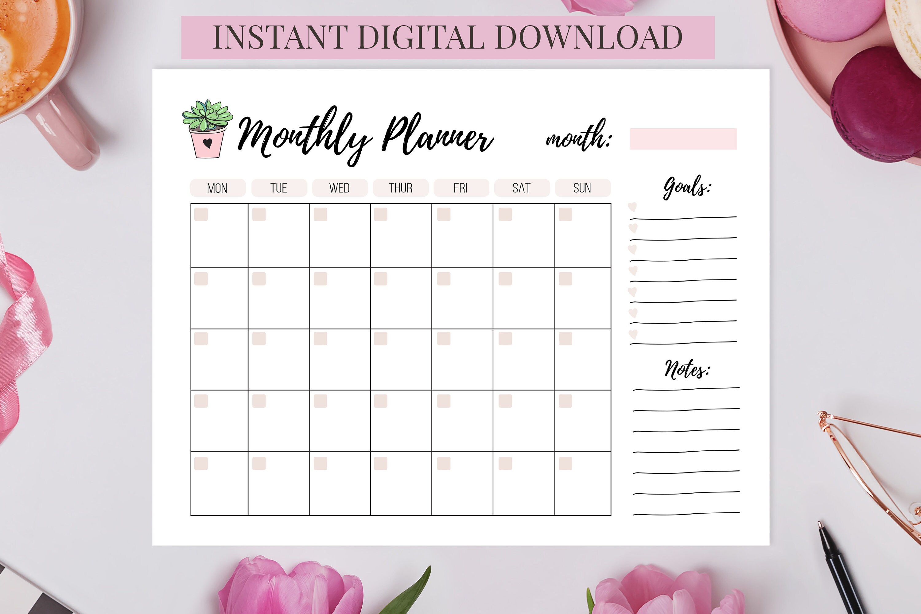 Monthly Planner With Succulent, Printable Planner, Cute Monthly Planner ...