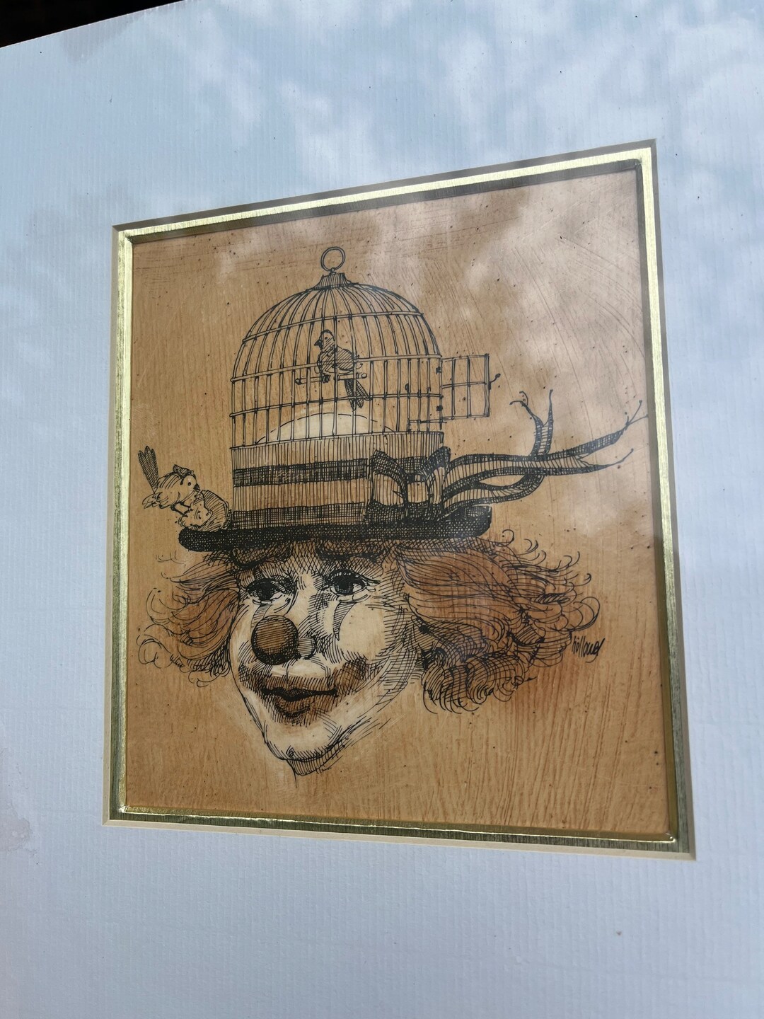 Sad Mummer - Performance Artist -clown Drawing With Birdcage Hat - Gold ...