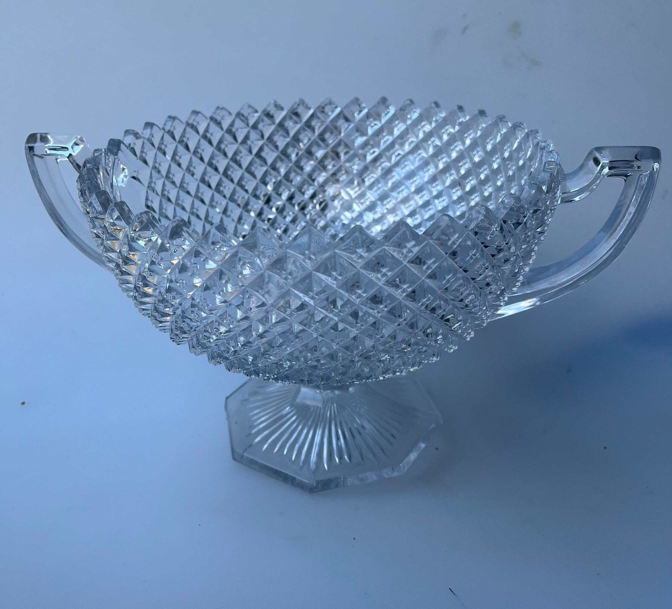 Cut Glass Party Bowl Diamond Pattern Double Handled Punchbowl Antique ...