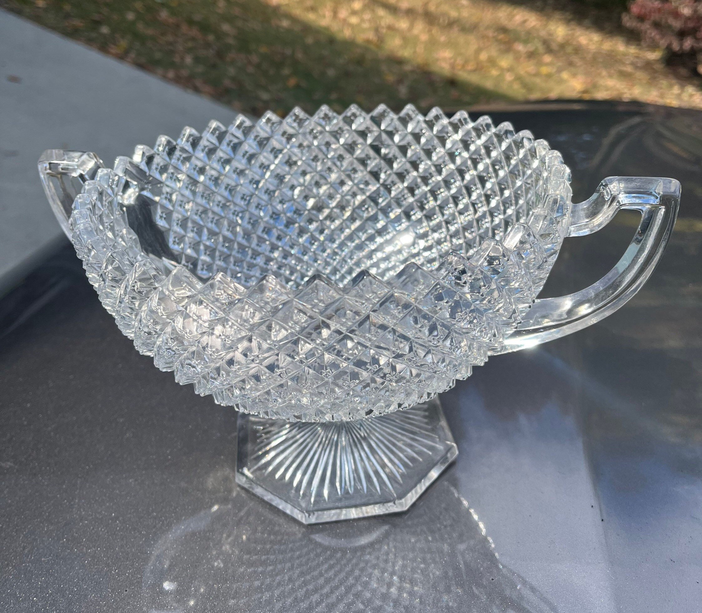 Cut Glass Party Bowl Diamond Pattern Double Handled Punchbowl Antique ...
