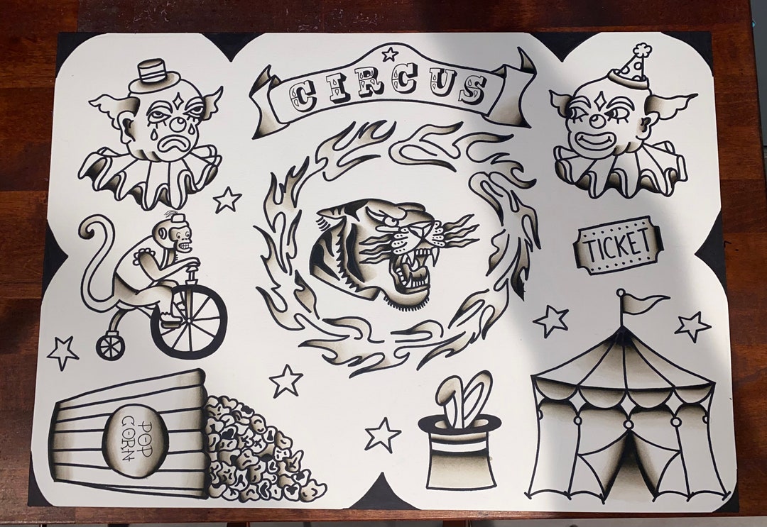 Circus Themed American Traditional Flash Painting - Etsy