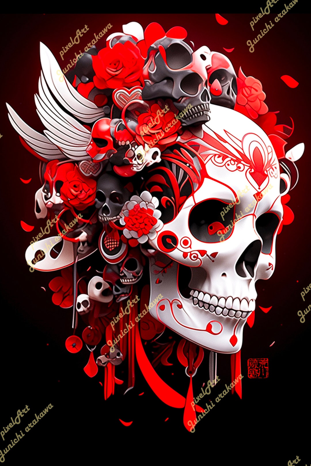 Japanese Skull Matted Print, Skull Print , Skull Wall Art, Red Skull ...