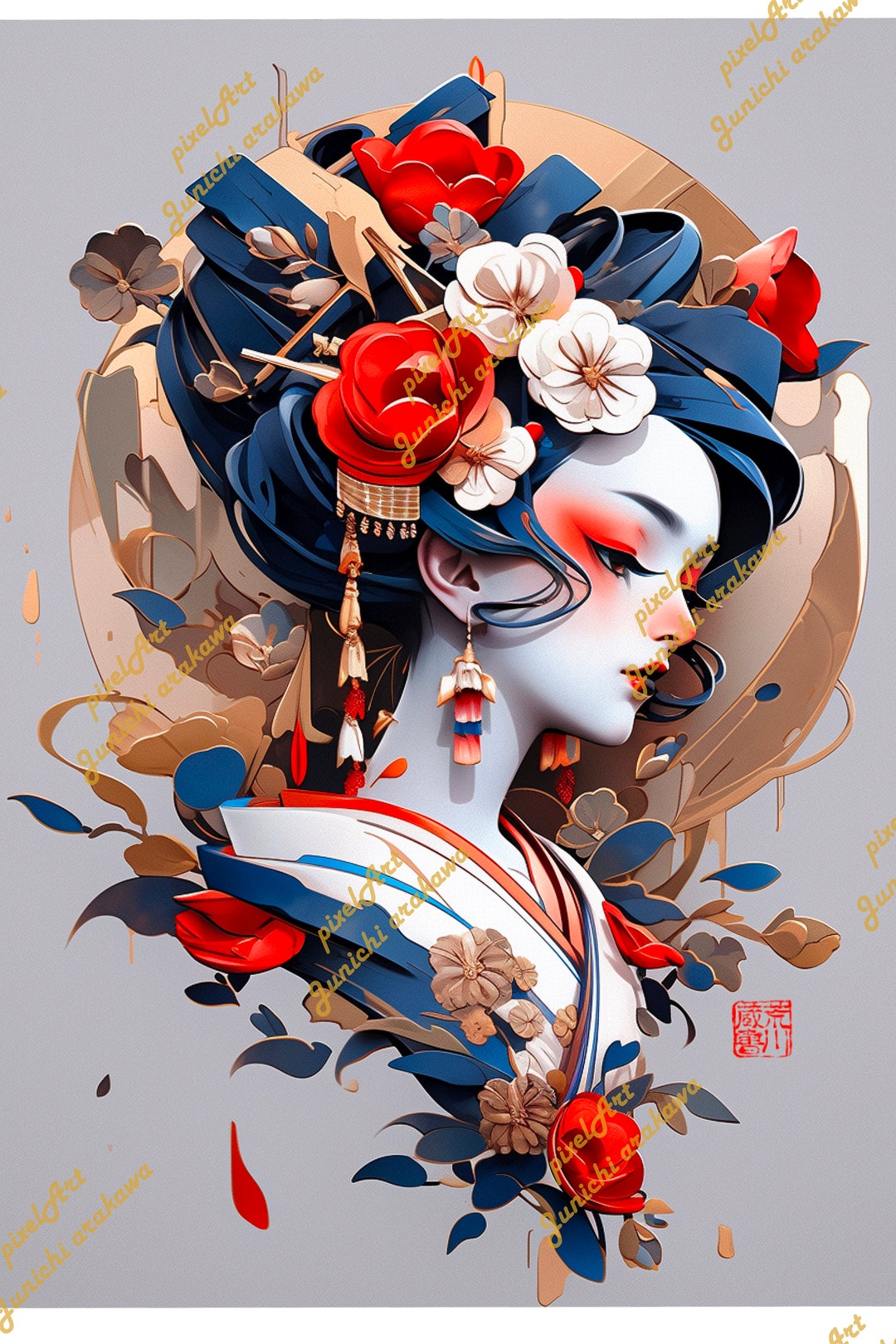 Geisha Flower Blue With White Mat - Etsy