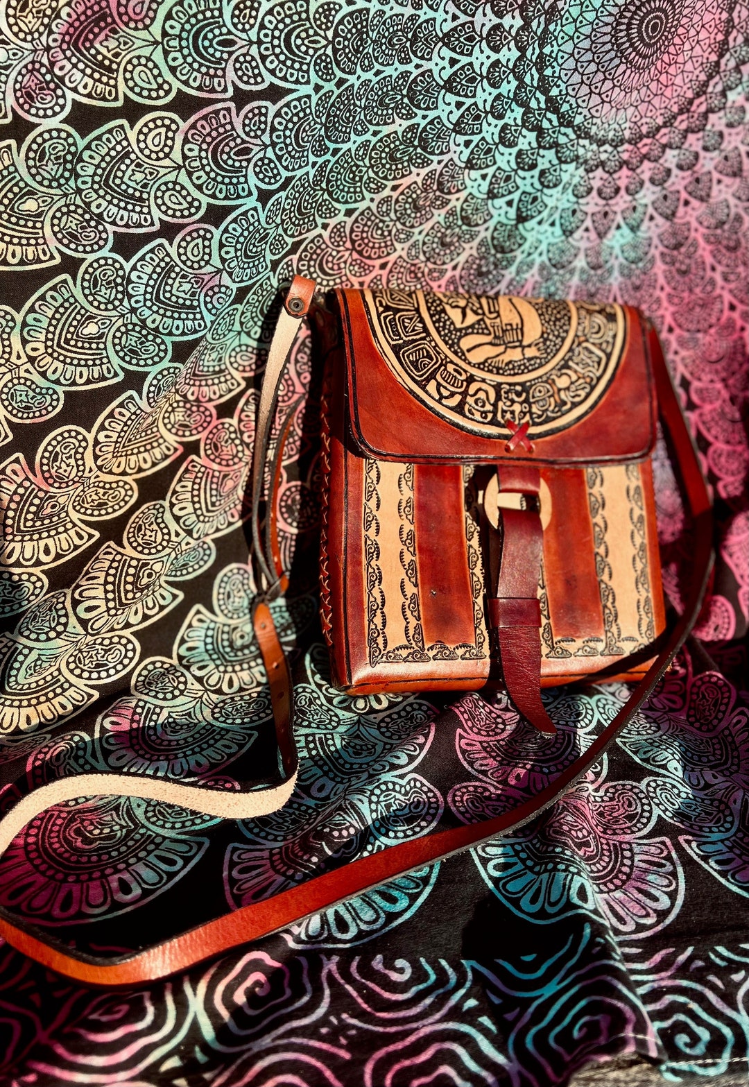 Mexico Aztec Stamped Crossbody Bag Made With Genuine Leather, Tribal ...