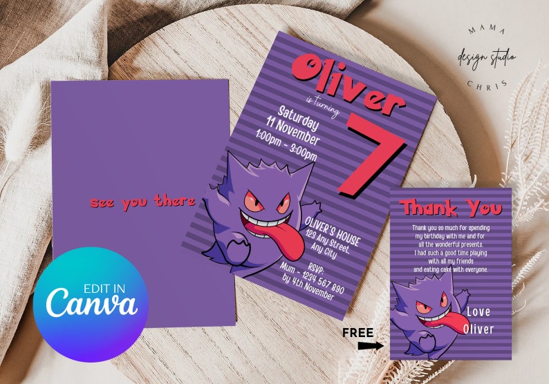 Gengar Birthday Invitation Printable Invitation Thank You Card Editable ...