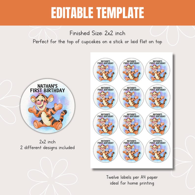 Tigger Cupcake Topper, Printable Cupcake Topper, Editable Template ...