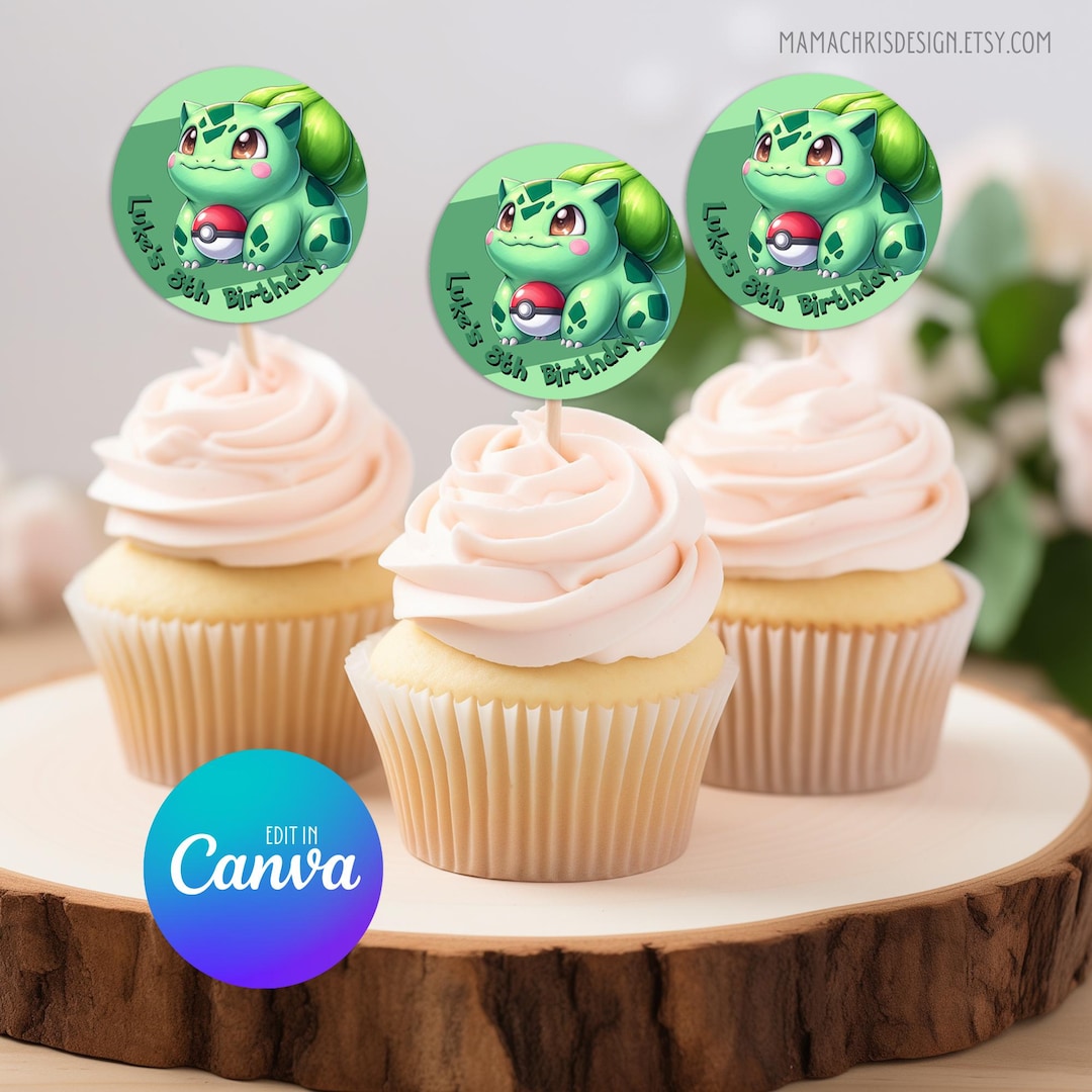 Bulbasaur Cupcake Topper, Printable Cupcake Topper, Editable Template ...