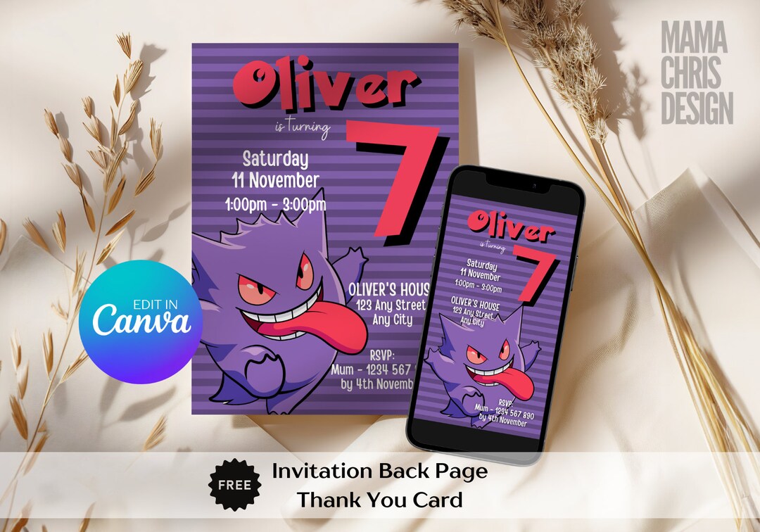 Gengar Birthday Invitation, Printable Birthday Invitation, Editable ...