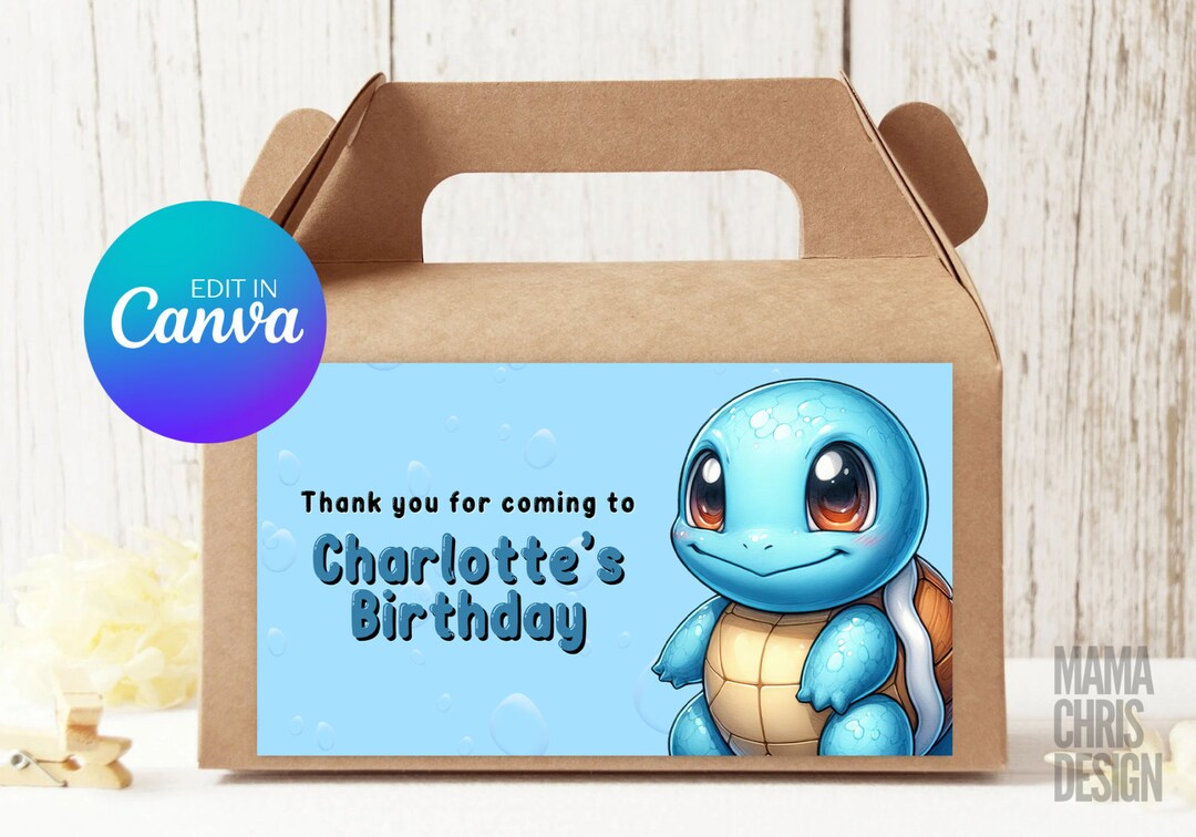 Squirtle Gable Box Label Editable, Pokemon Favour Box Sticker Template ...