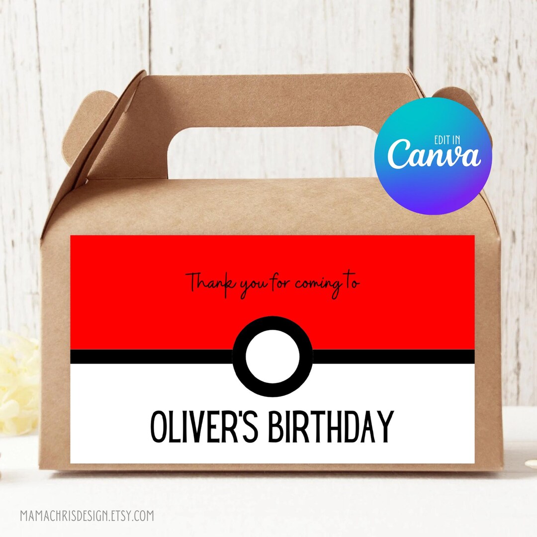 Pokemon Gable Box Label Editable, Poke Ball Favour Box Sticker Template ...