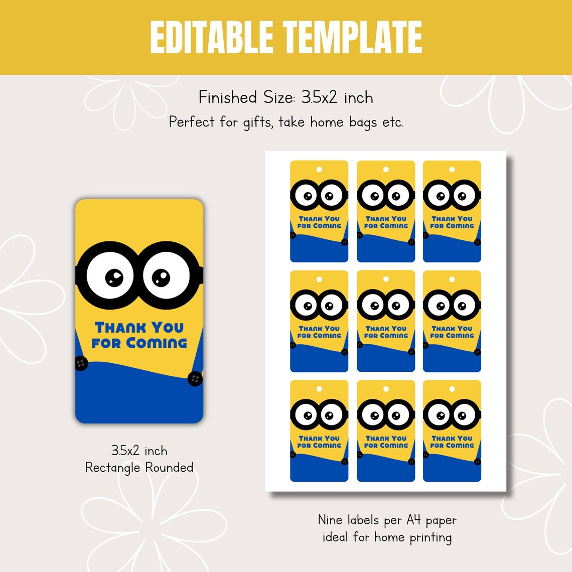 Minions Favour Tag, Thank You Tag Template, Editable Favour Tag ...