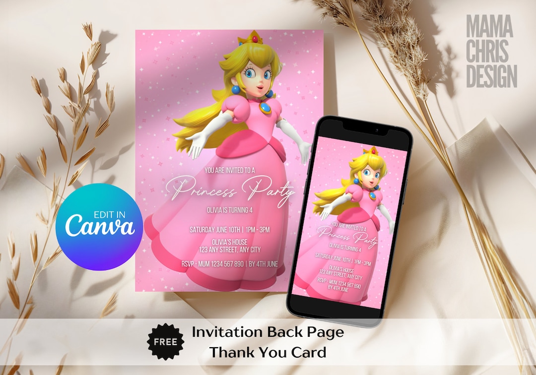 Invitación de cumpleaños de la princesa Peach, invitación de cumpleaños ...