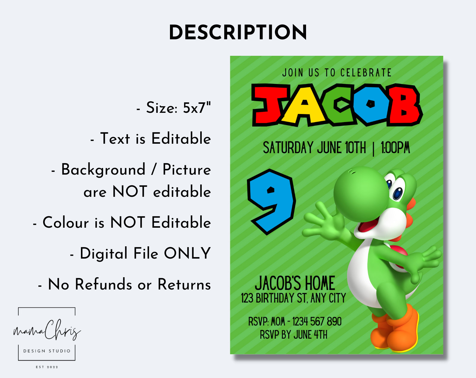 Yoshi Birthday Invitation Printable Invitation Instant - Etsy