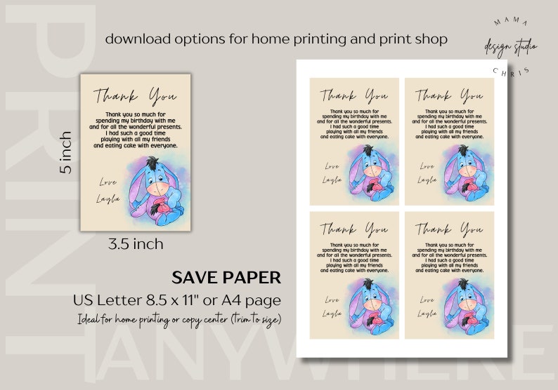 Eeyore Birthday Invitation Printable Invitation Thank You Card Editable ...