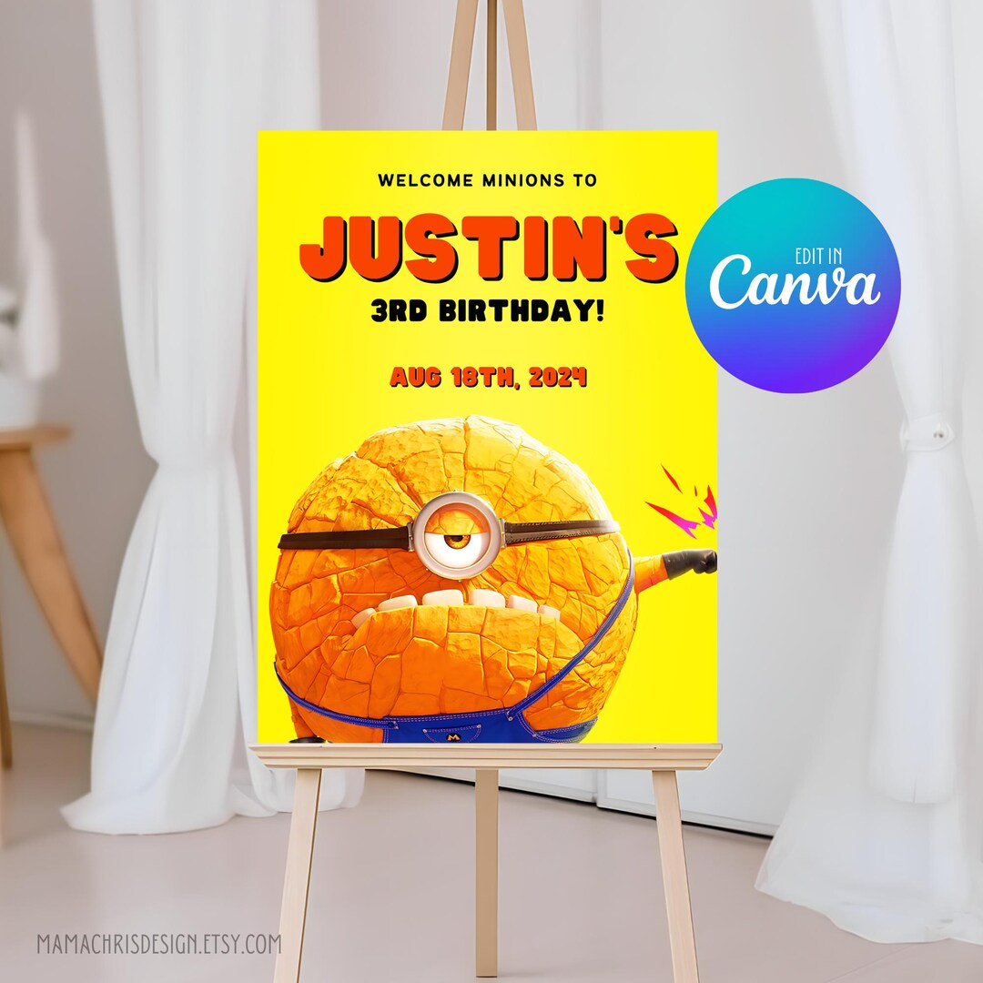Despicable Me 4 Welcome Sign Template, Editable Minions Birthday Easel ...