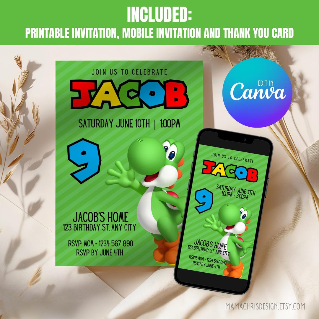 Yoshi Birthday Invitation, Printable Birthday Invitation, Editable ...