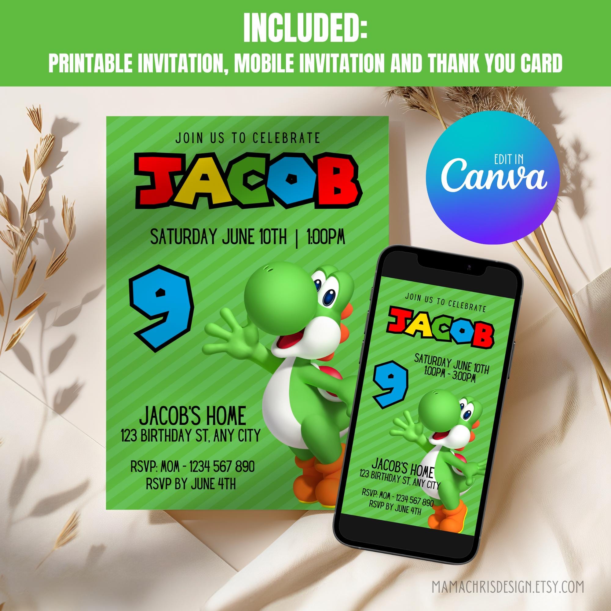 Yoshi Birthday Invitation, Printable Birthday Invitation, Editable ...