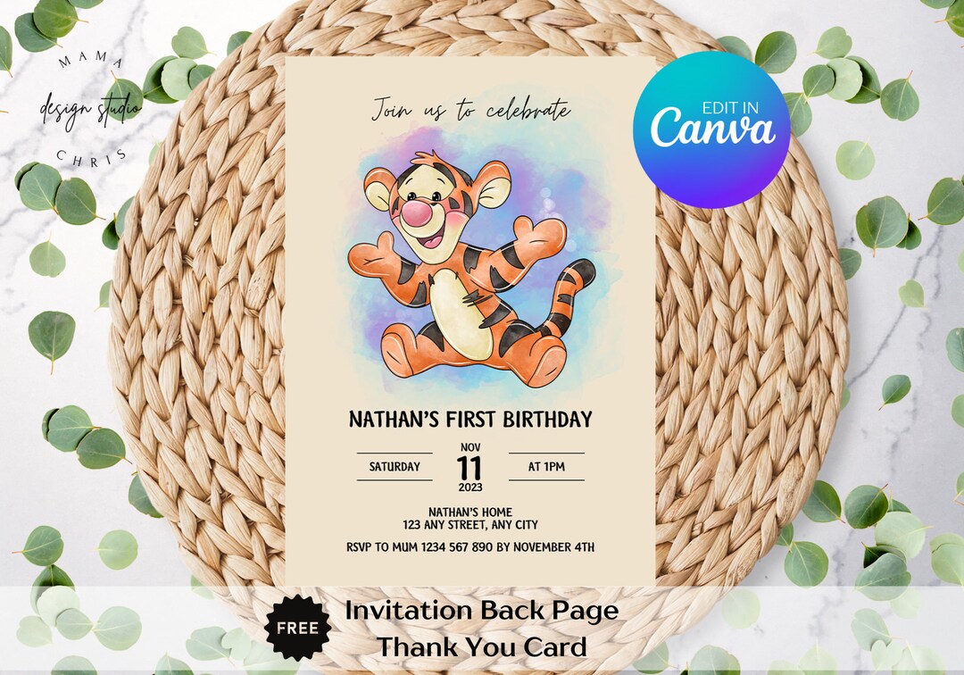Tigger Birthday Invitation Printable Invitation Thank You Card Editable ...