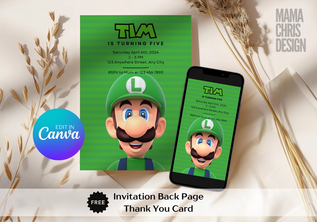 Luigi Theme Birthday Party Invitation Template, Luigi Mobile Invitation ...