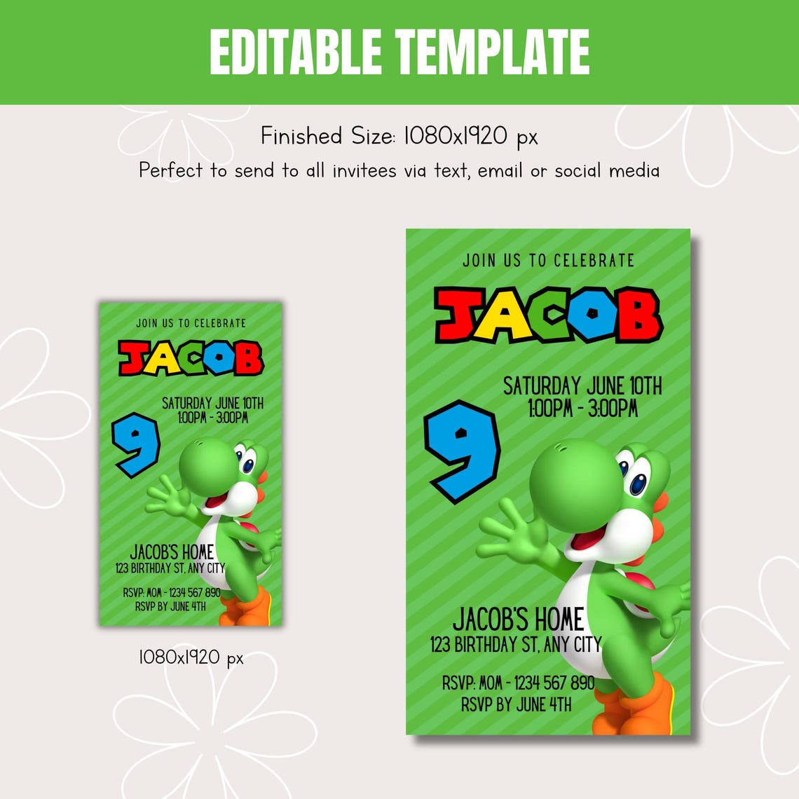 Yoshi Birthday Invitation, Printable Birthday Invitation, Editable ...