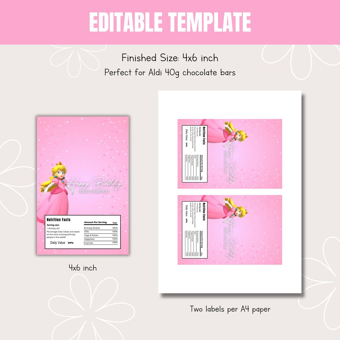 Princess Peach Chocolate Bar Wrapper, Editable Party Favour ...