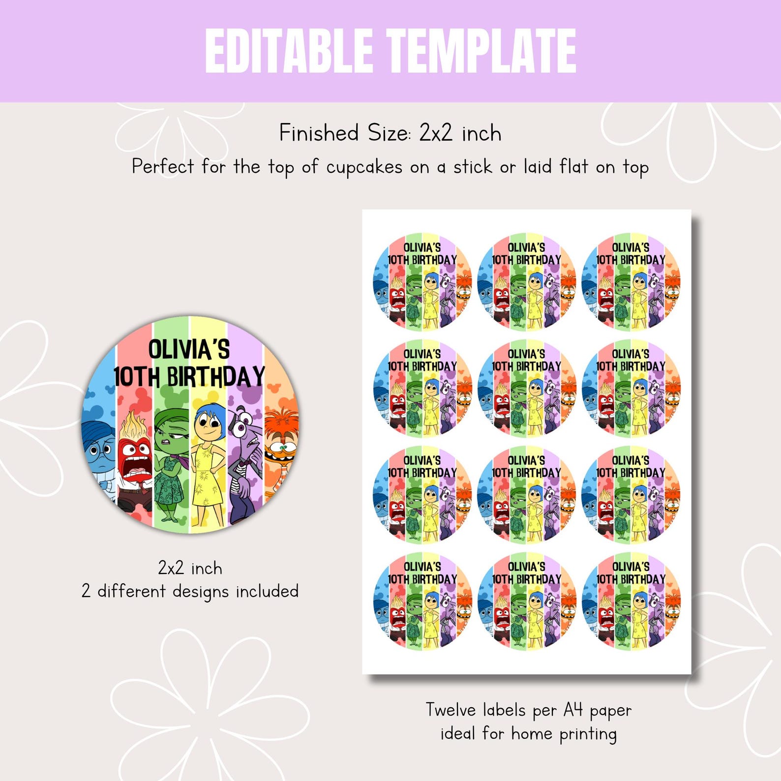Inside Out Cupcake Topper, Printable Cupcake Topper, Editable Template ...