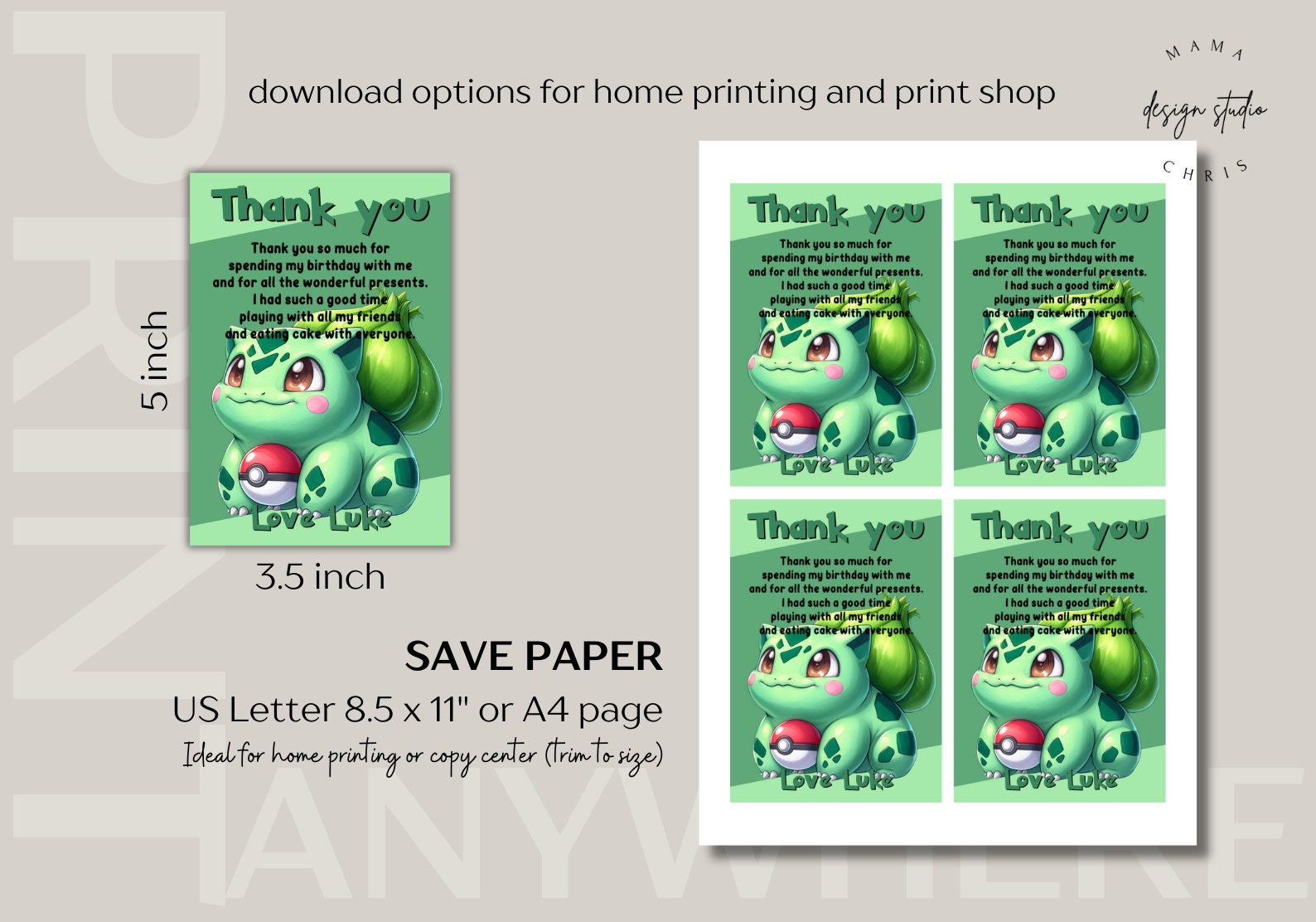 Bulbasaur Birthday Invitation Printable Invitation Thank You Card ...