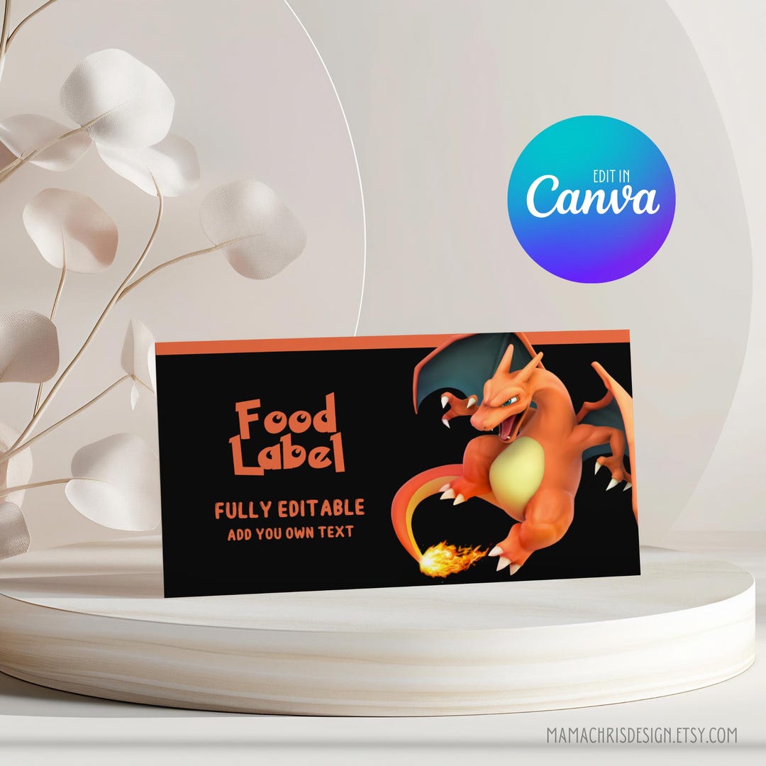 Charizard Food Label, Birthday Party Food Tent Cards, Charizard Food ...