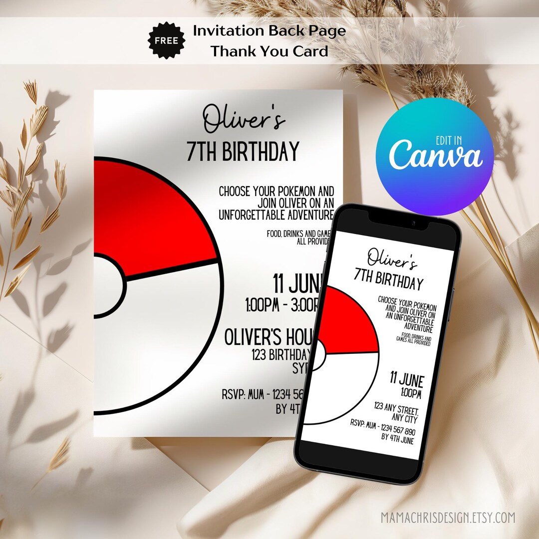 Poke Ball Birthday Invitation, Printable Birthday Invitation, Editable ...
