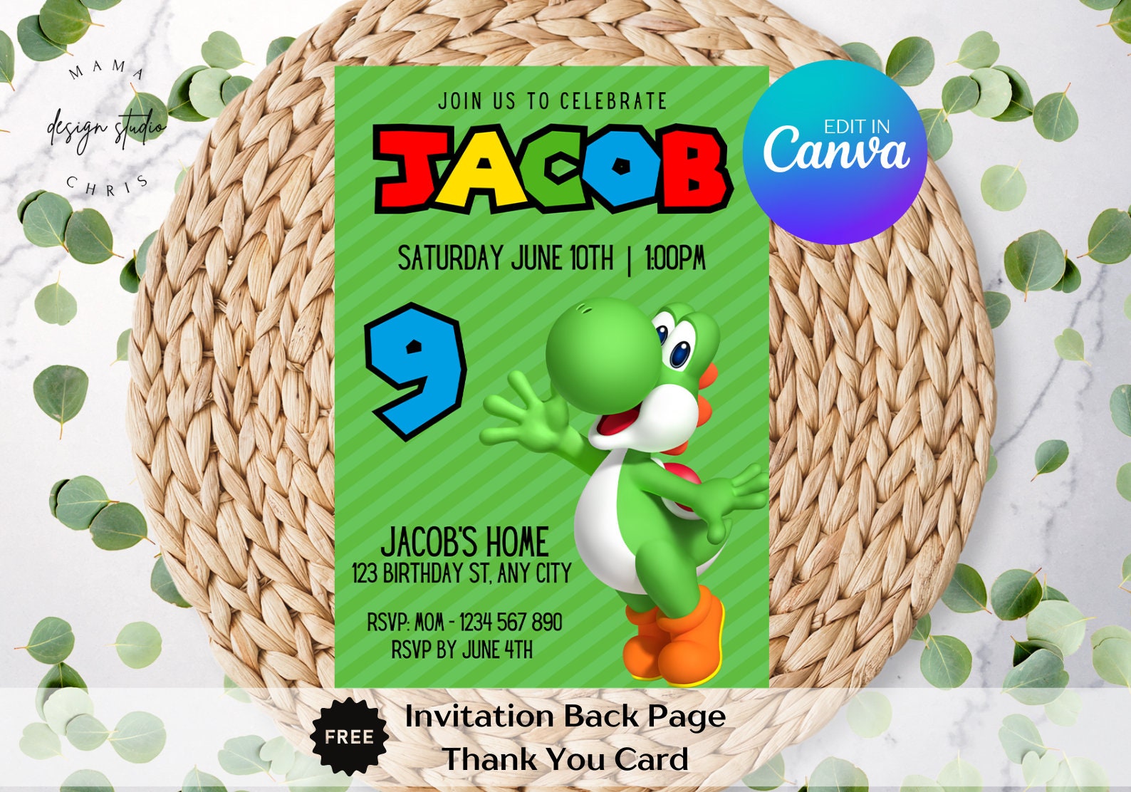 Yoshi Birthday Invitation Printable Invitation Thank You Card Editable ...