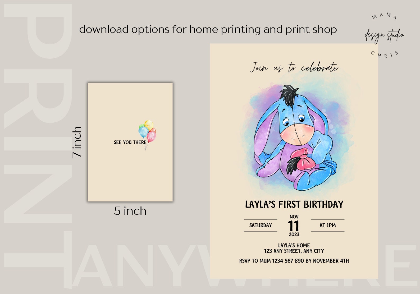 Eeyore Birthday Invitation Printable Invitation Thank You Card Editable ...
