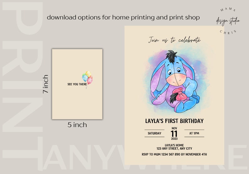 Eeyore Birthday Invitation Printable Invitation Thank You Card Editable ...