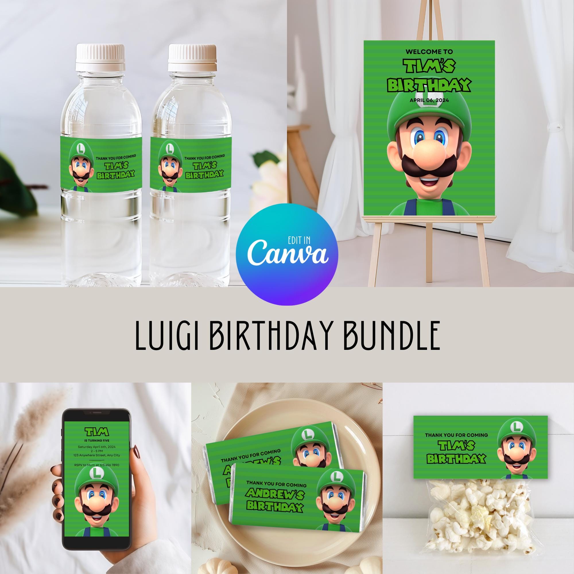 Luigi Birthday Party Bundle Template, Editable Birthday Party Bundle ...