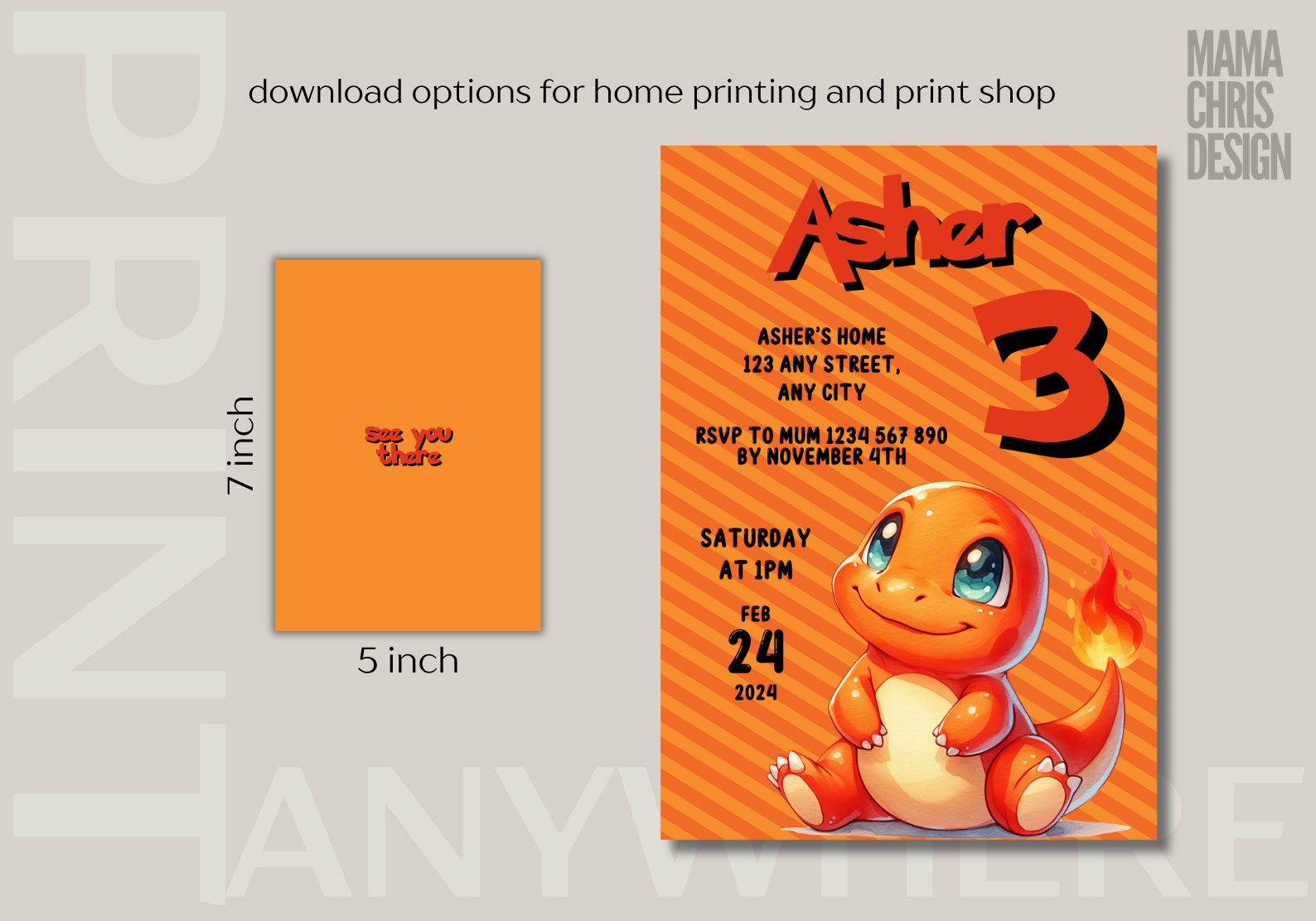 Charmander Invitation Printable and Mobile Invitation Thank You Card ...