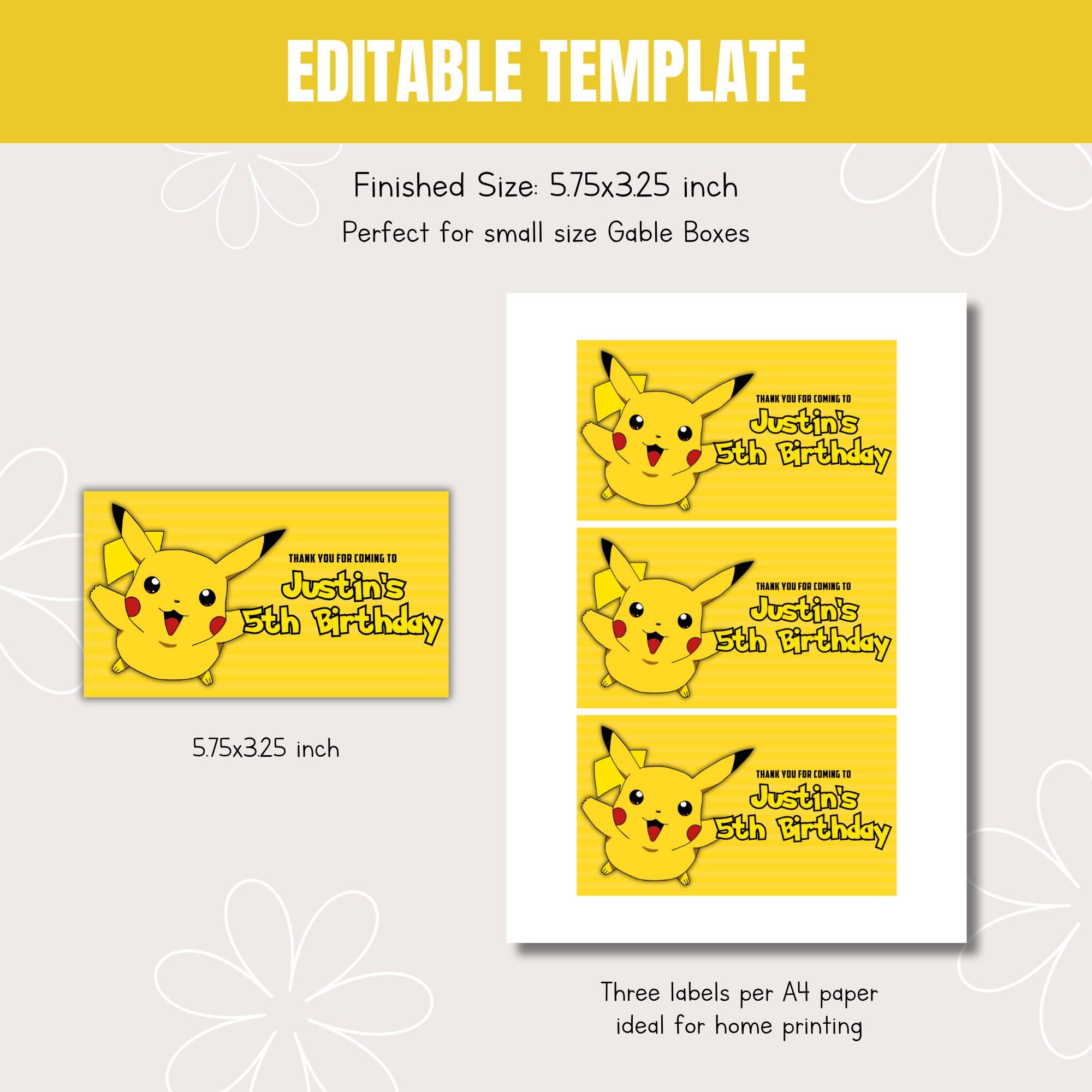 Pikachu Gable Box Label Editable, Pokemon Favour Box Sticker Template ...