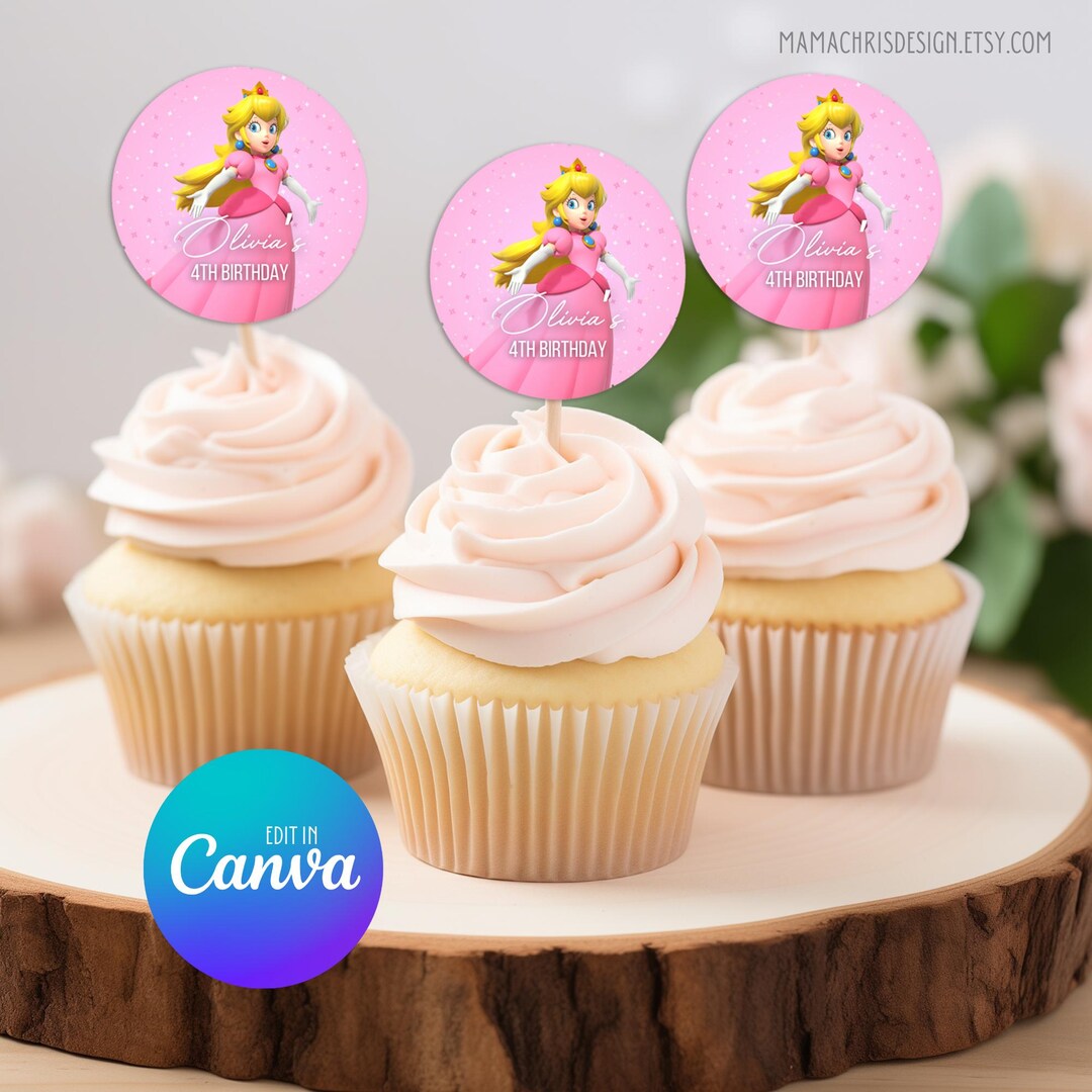 Princess Peach Cupcake Topper, Printable Cupcake Topper, Editable ...